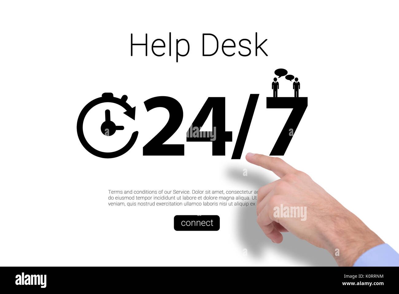 Hand of a businessman pointing something against help desk text with ...