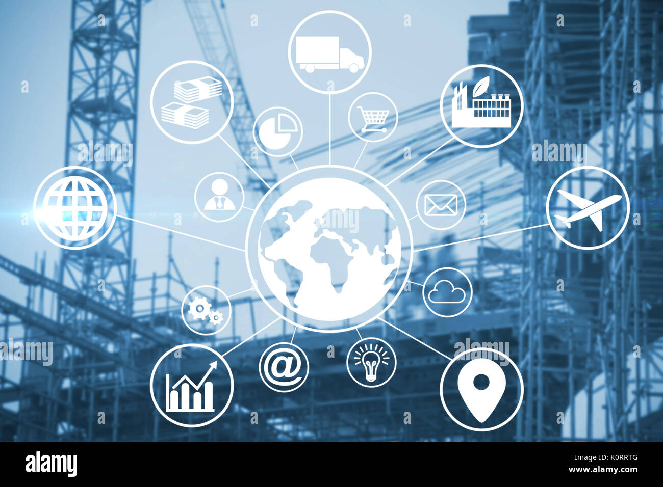 Digital composite image of globe amidst various icons against work in ...