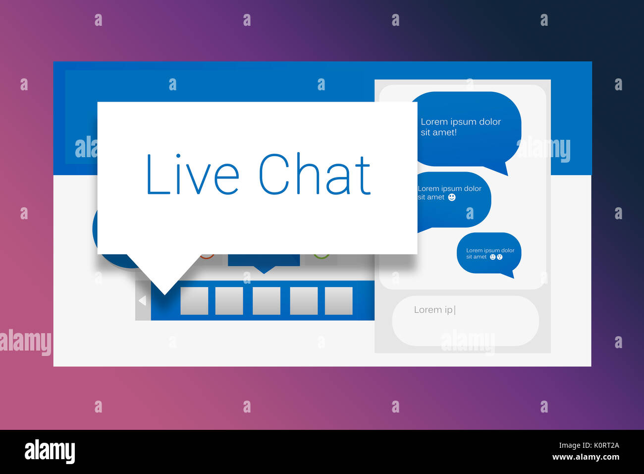 Speech bubbles with live chat text against pink and purple colors ...