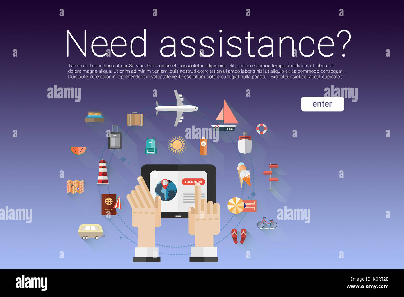Icons with need assistance text against gray and purple background ...