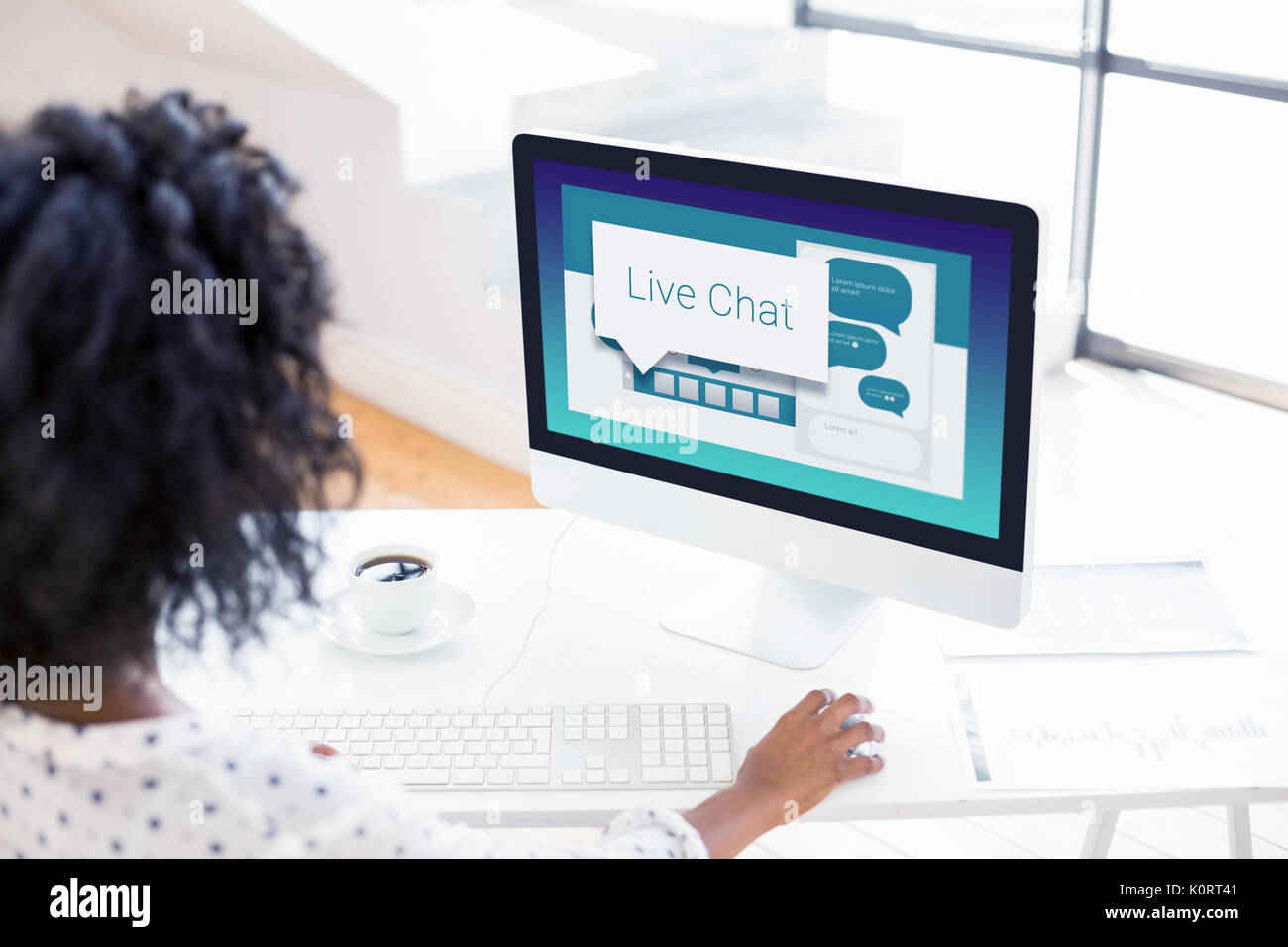 Graphic image of live chat text with speech bubbles against over the ...