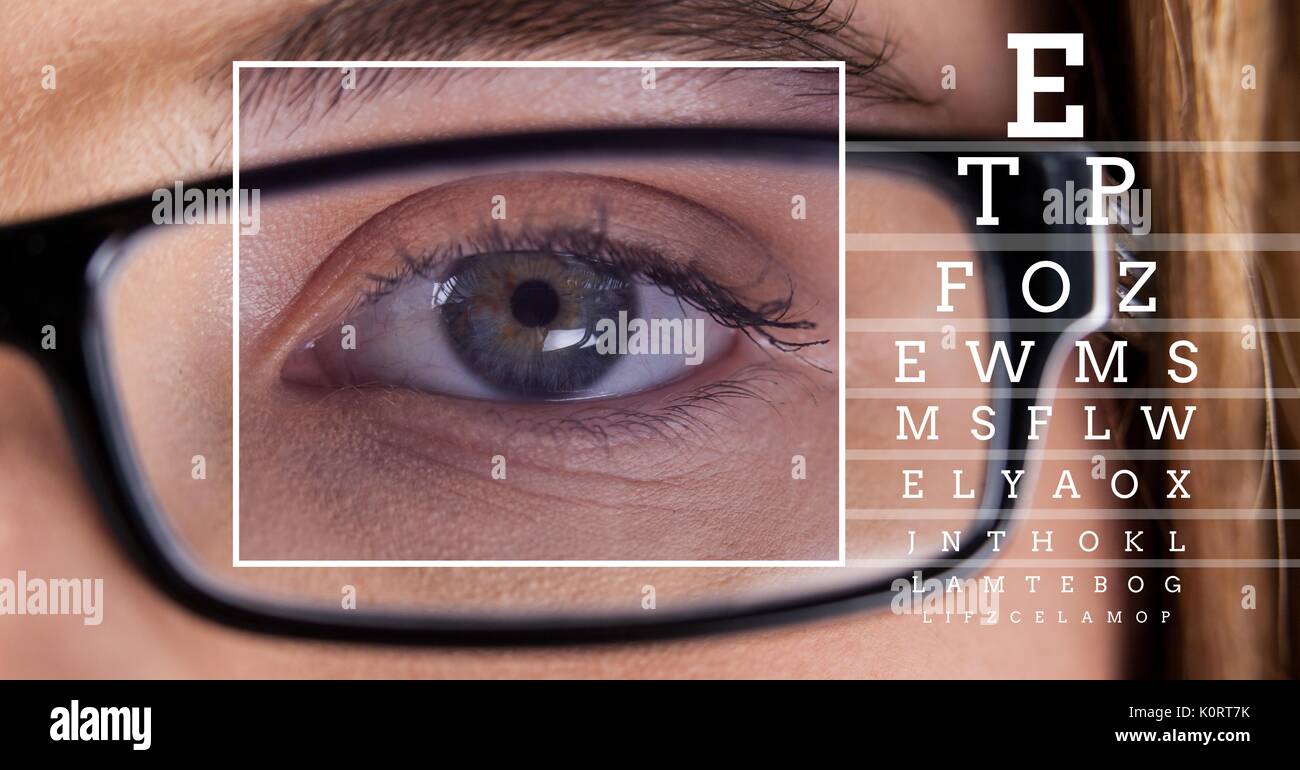 Digital composite of eye focus box detail and lines over glasses and ...