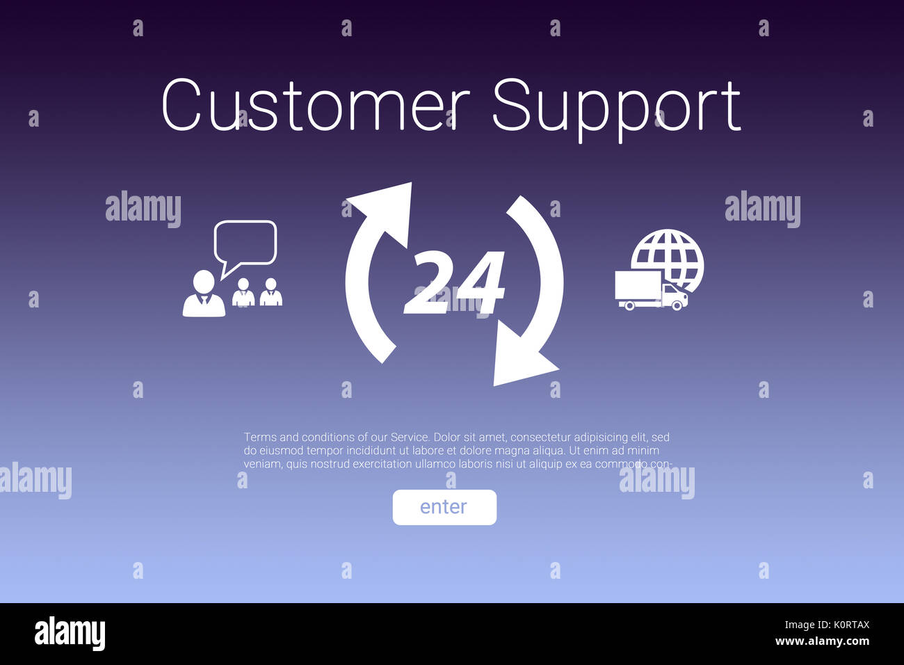 Icons and customer support text against gray and purple background ...