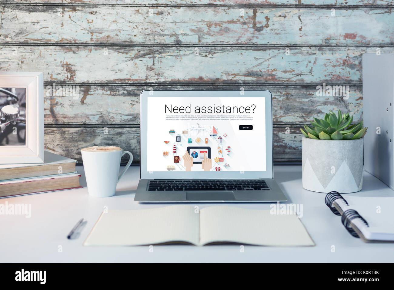 Icons with need assistance text against composite image of a desk with ...