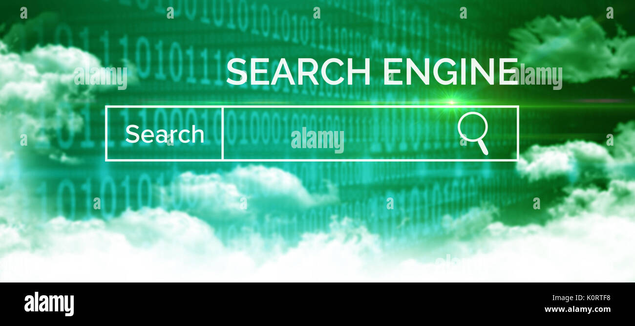 Graphic image of red search engine page against clouds and binary coded ...