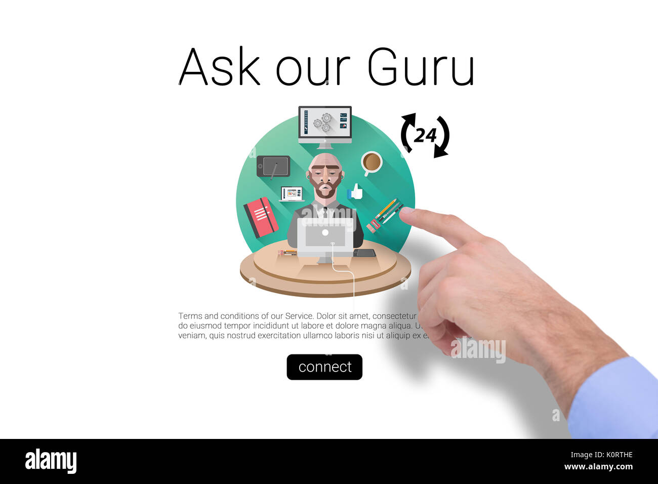 Hand of a businessman pointing something against ask our guru text with ...