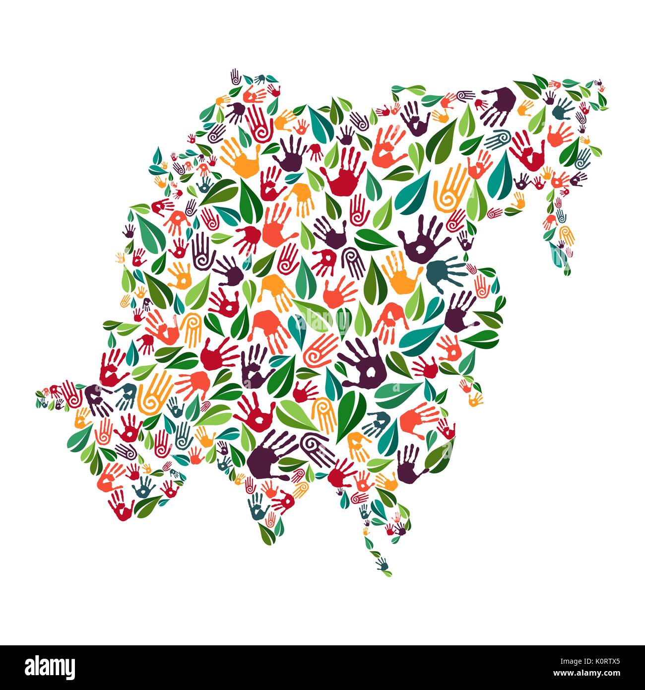 Asian continent shape with green leaves and human hand prints. Asia ...