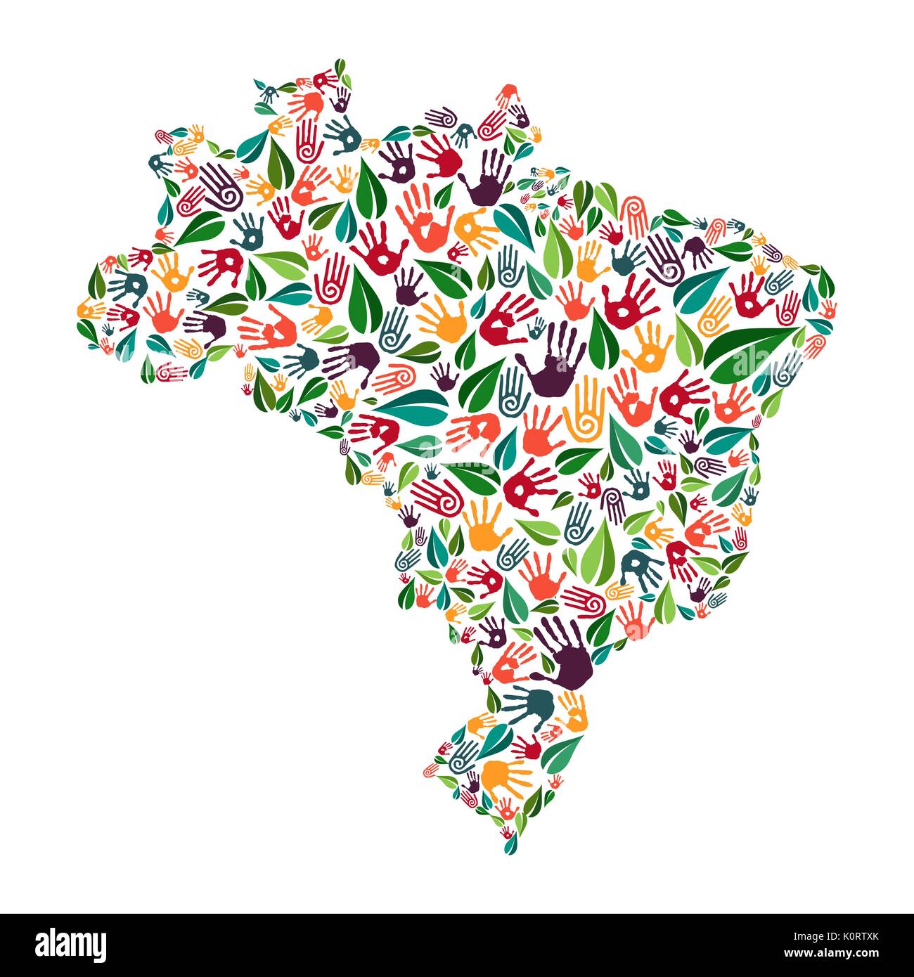 Brazilian country shape with green leaves and human hand prints. Brazil ...