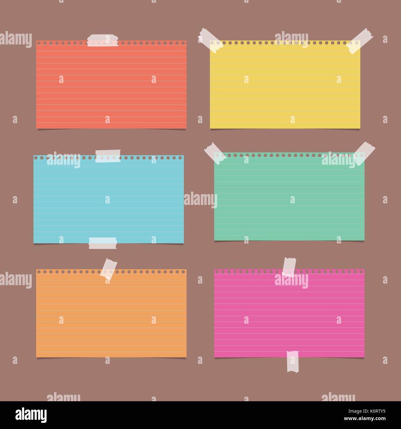 Colorful ruled, striped note, copybook, notebook paper sheet on brown ...