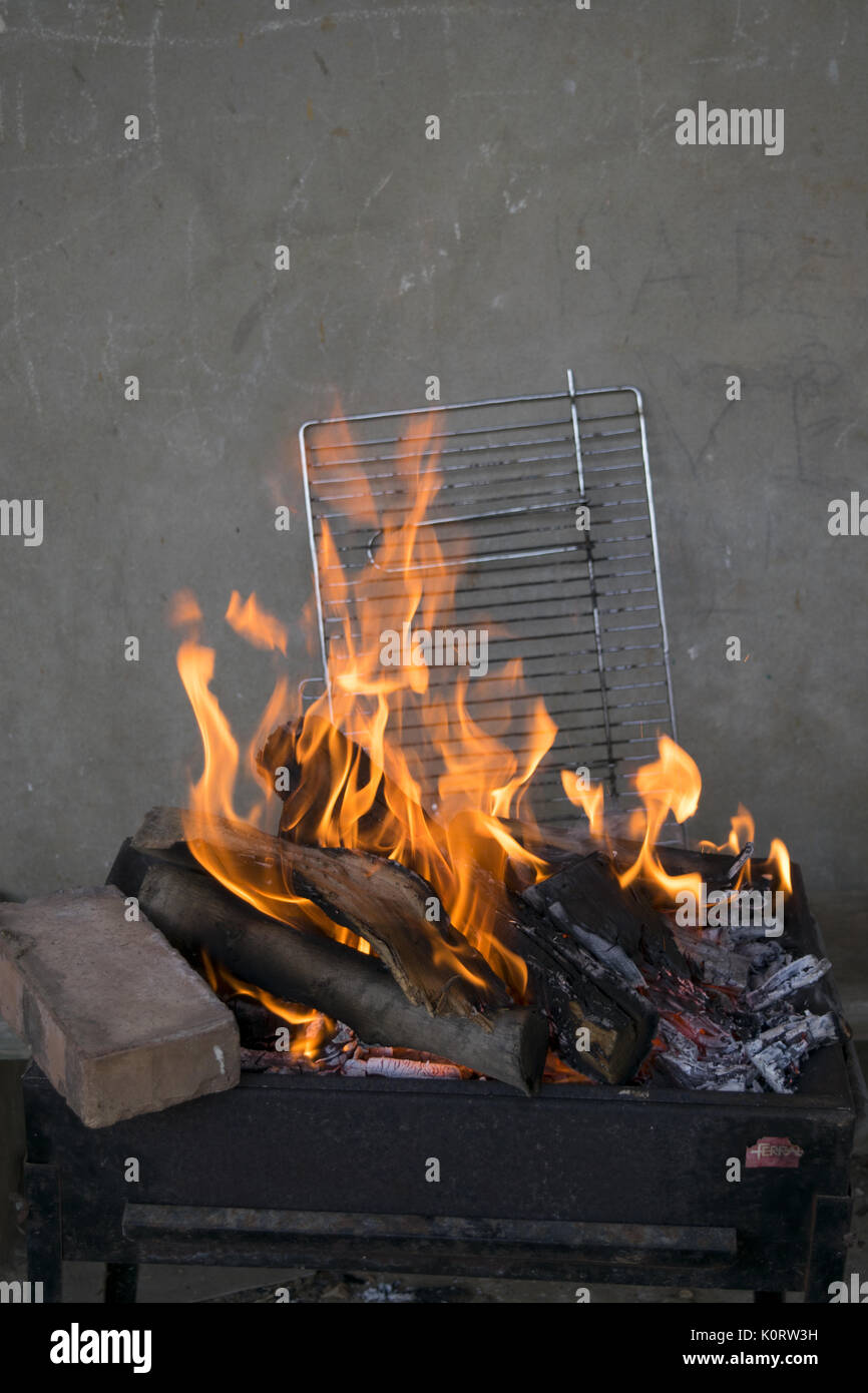preparing fire in the barbecue with wood Stock Photo - Alamy