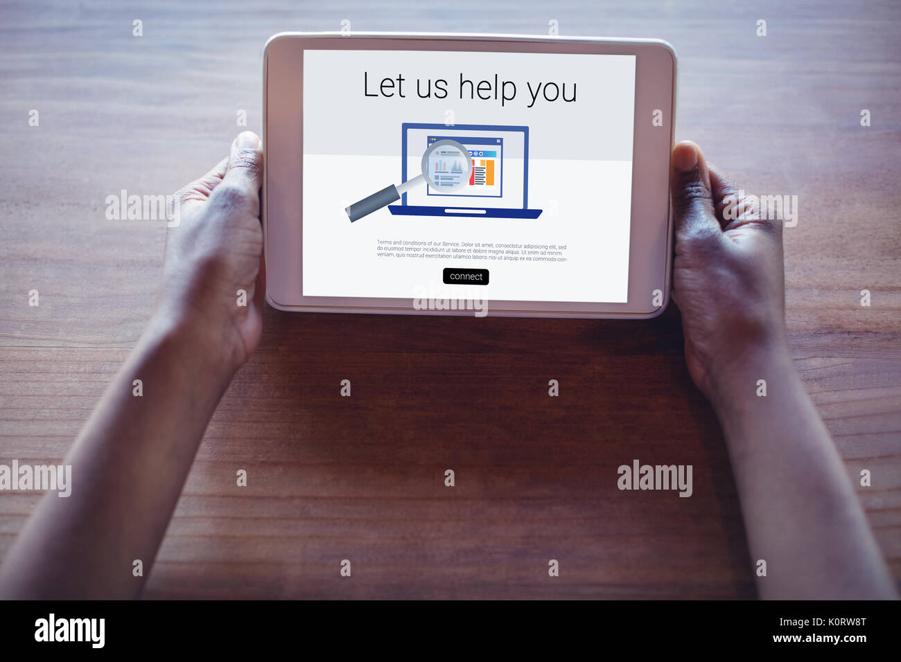 Let us help you text with computer icon against cropped hands of woman ...
