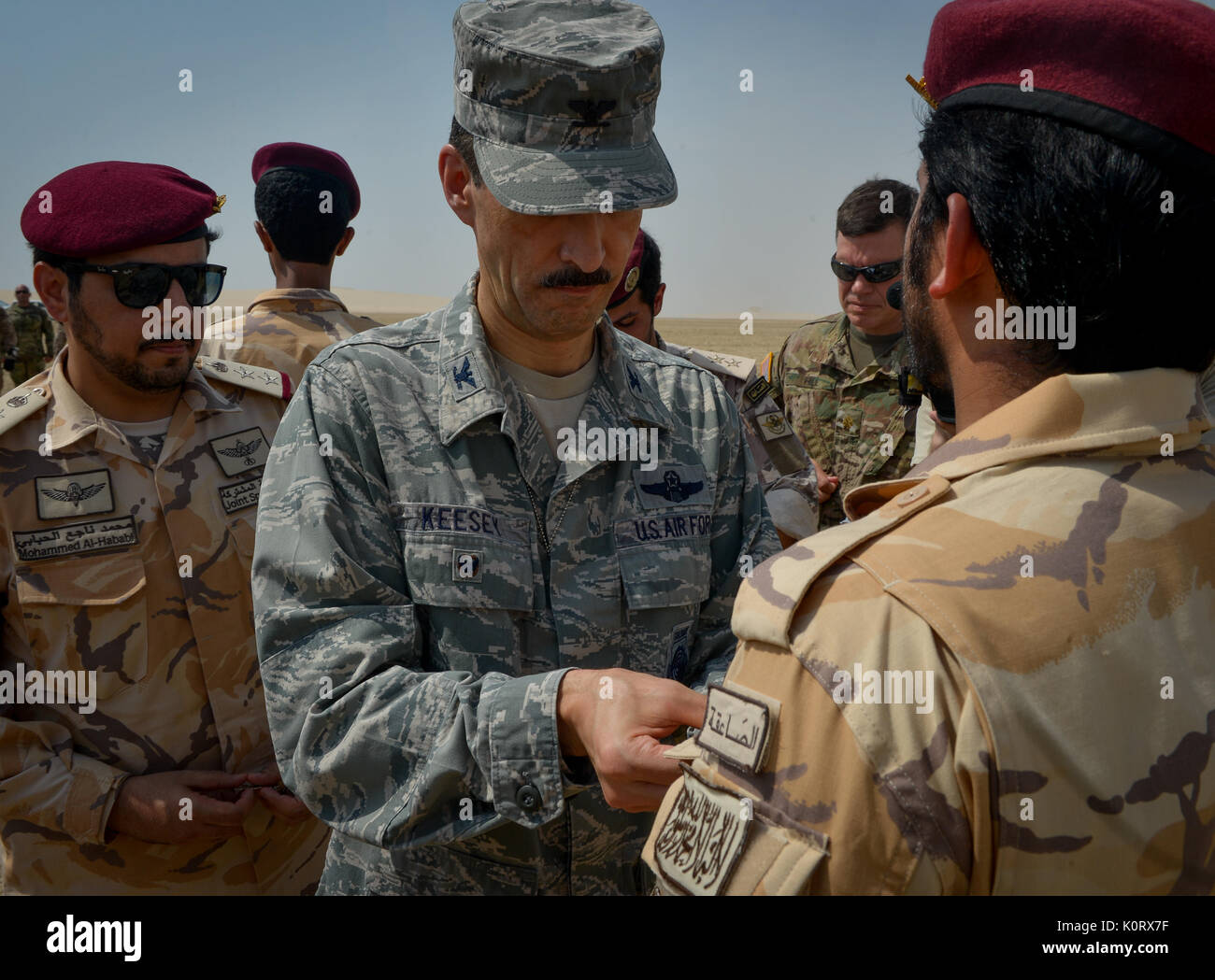 Col. David Keesey pins a U.S. jump badge on a Qatari service member ...