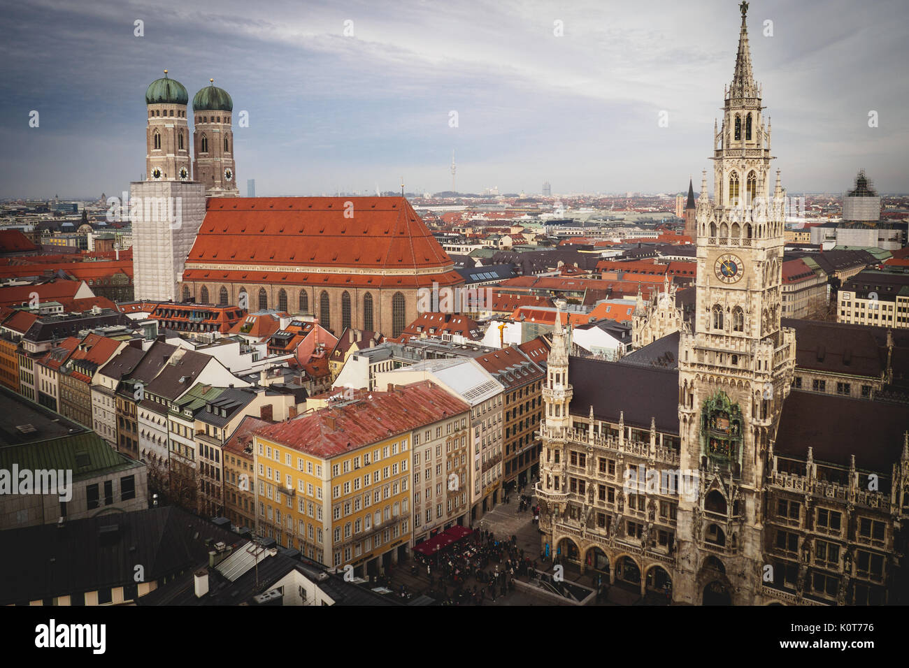 Aerial view of Marienplatz and the Frauenkirche in the centre of Munich ...