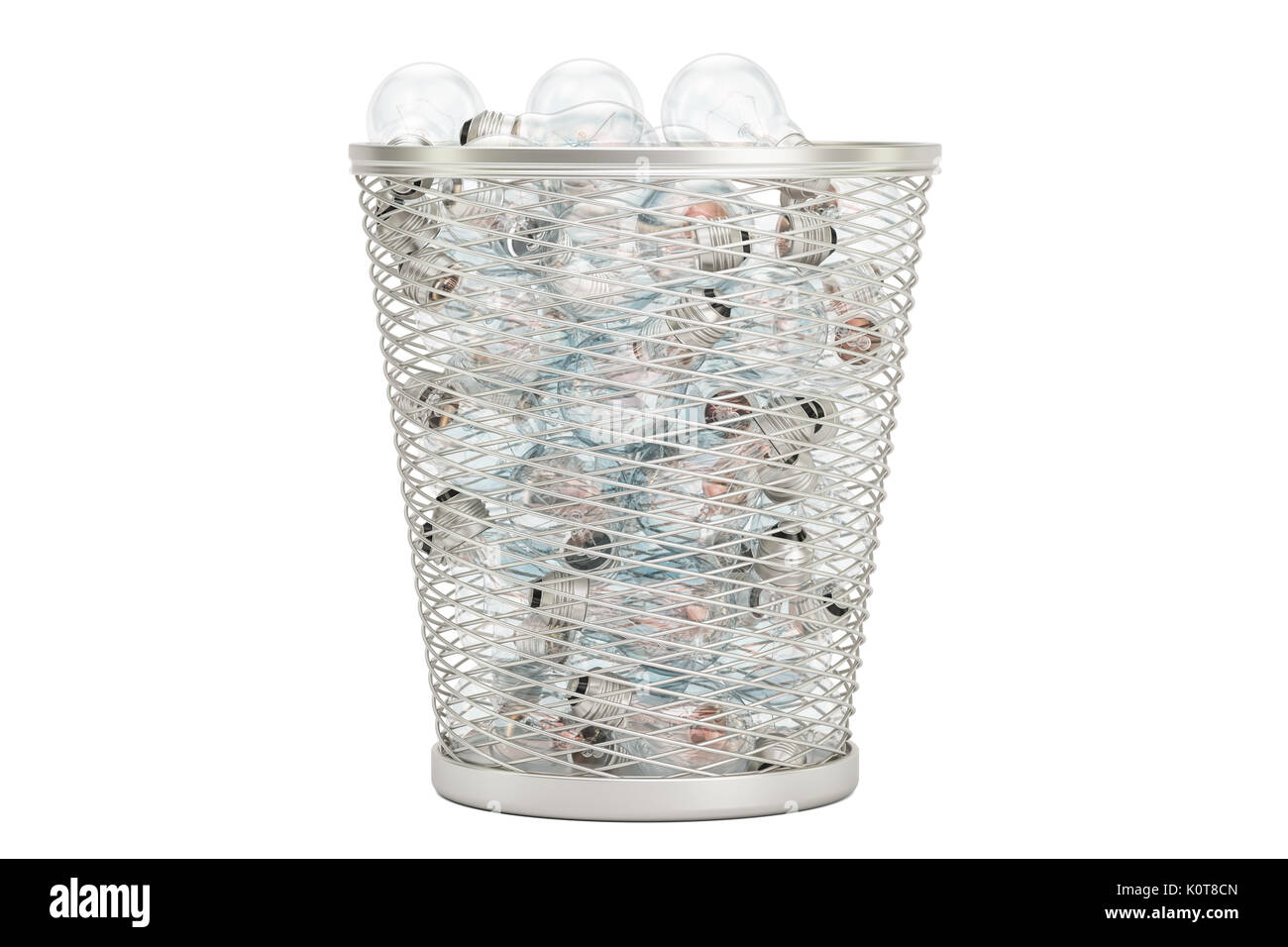 Lightbulbs inside metallic garbage bin, 3D rendering isolated on white ...