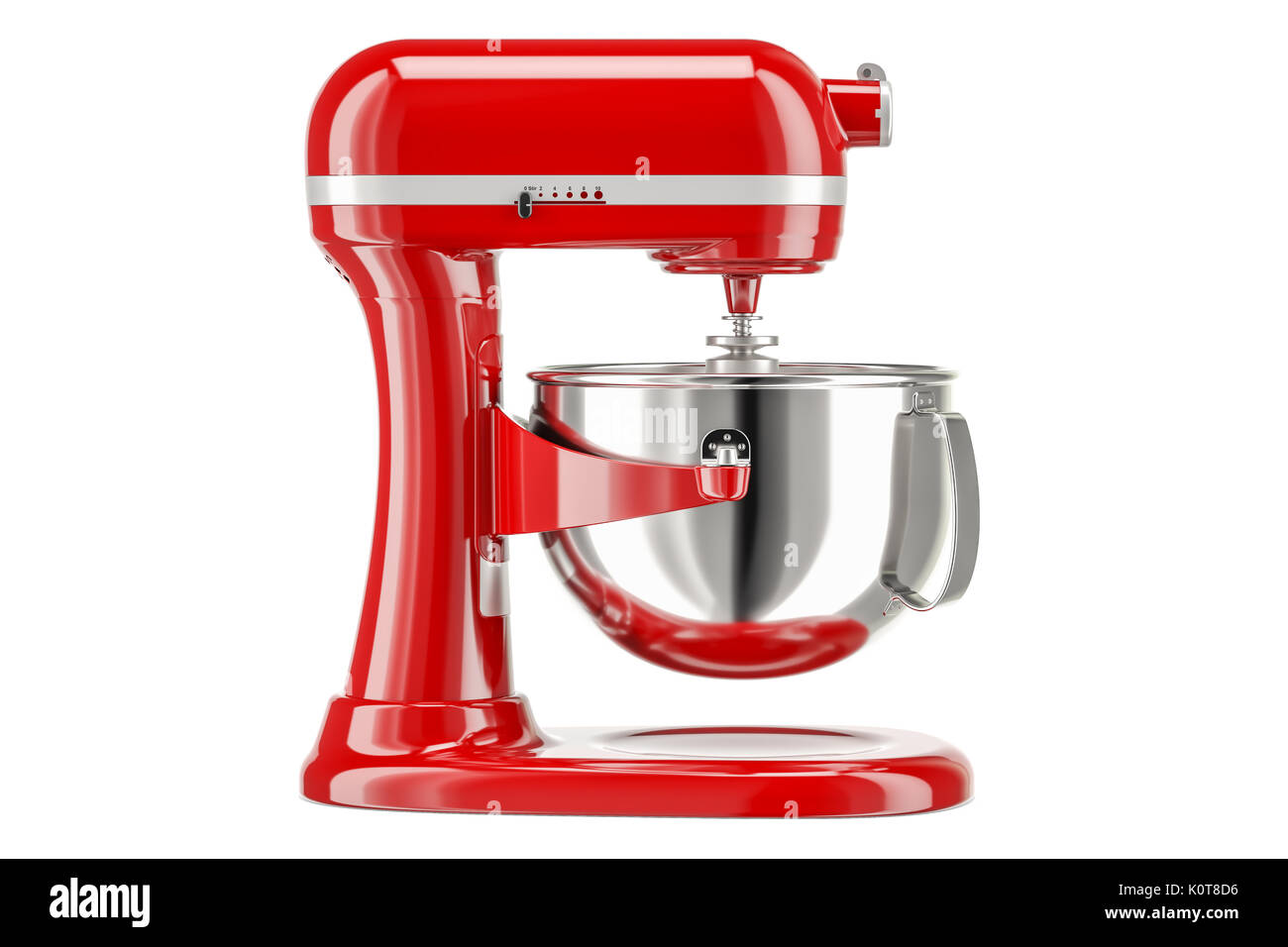 Red stand kitchen mixer, side view. 3D rendering isolated on white ...