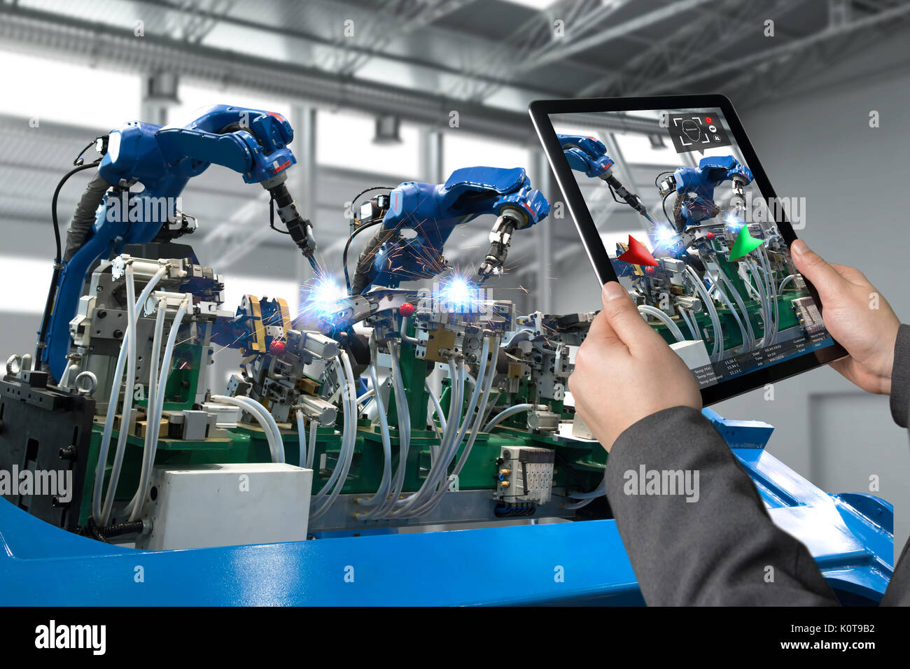 Industrial 4.0 , Augmented reality concept. Hand holding tablet with AR ...