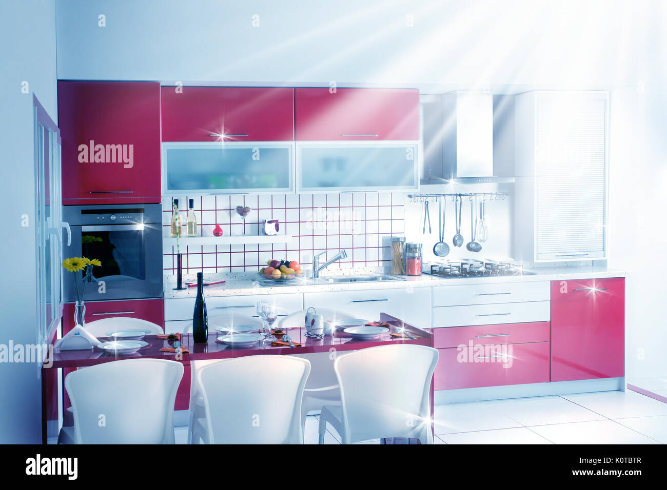 clean modern red kitchen design with lights and reflections Stock Photo ...