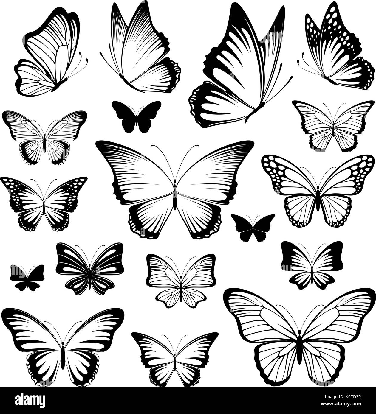 Set Of Butterflies Silhouettes Isolated On White Background In Vector