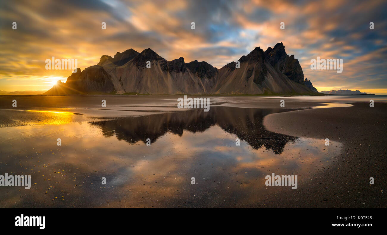 Stokksnes Black beach at sunset with Vestrahorn Mountains in background ...