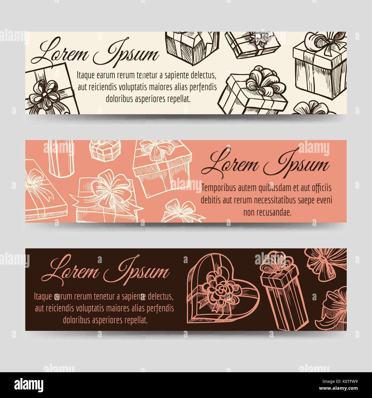 Vintage horizontal banners template with gift boxes, vector ...