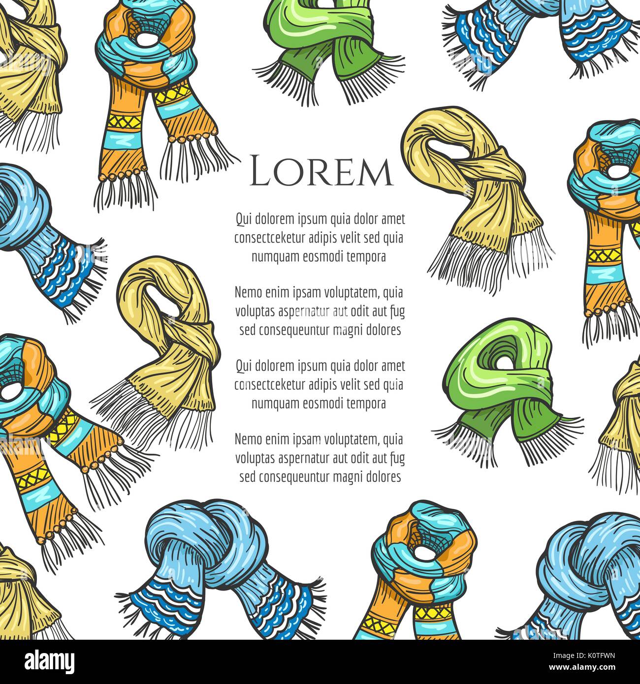 Winter poster or banner with colorful hand sketched scarves, vector ...