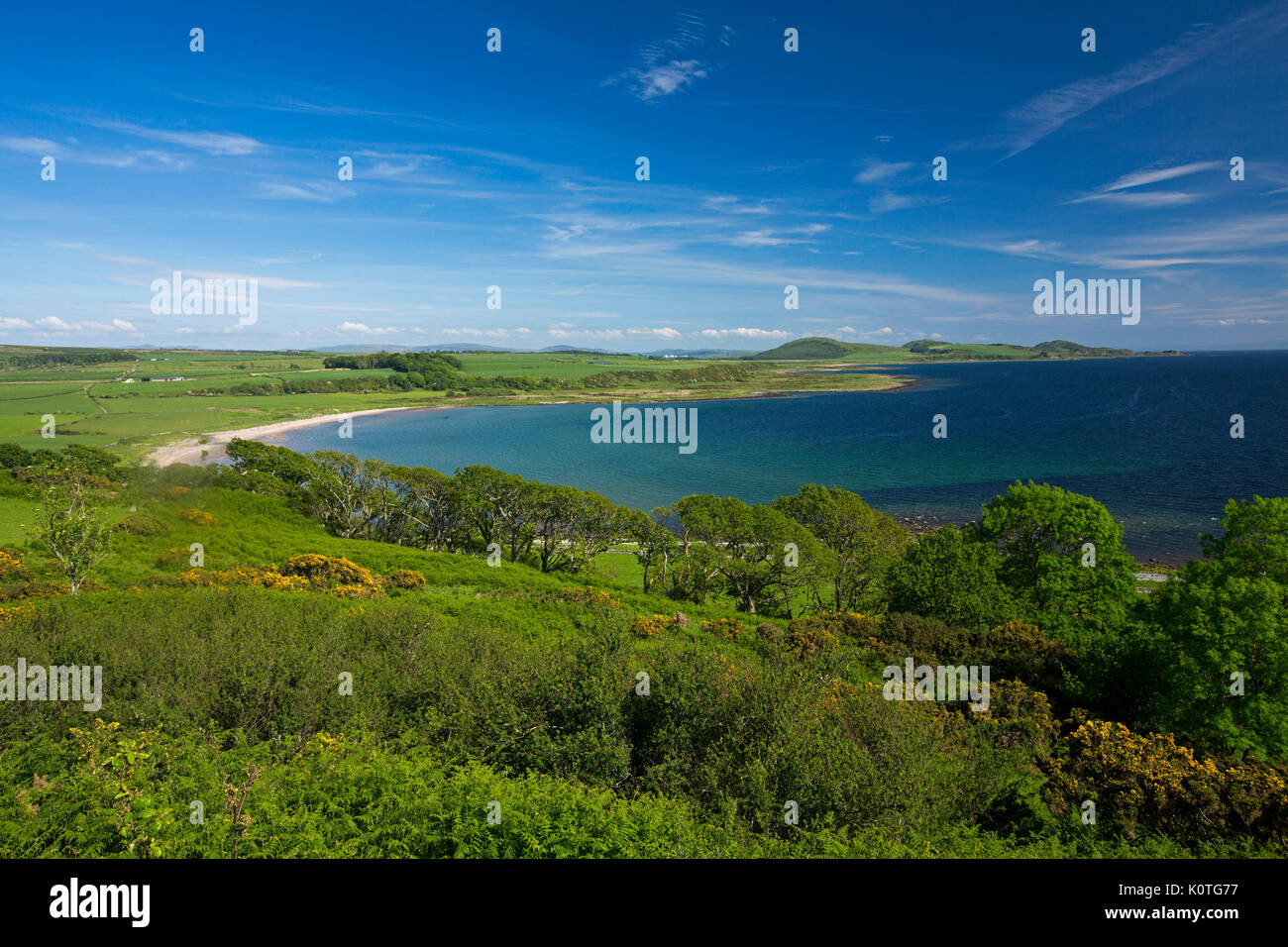 Coastal landscape with view of Scalpsie beach, emerald fields, low ...