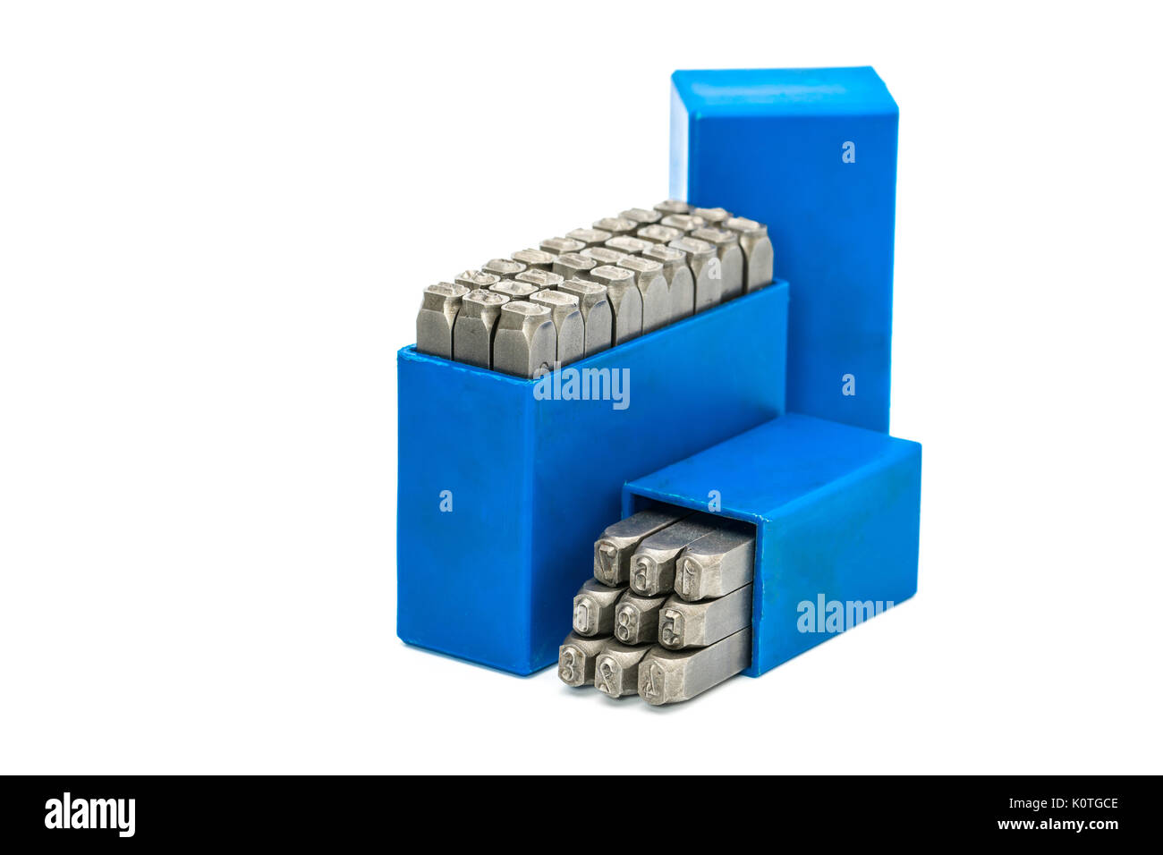 Set of metal stamp alphabet and number punch in blue plastic box ...