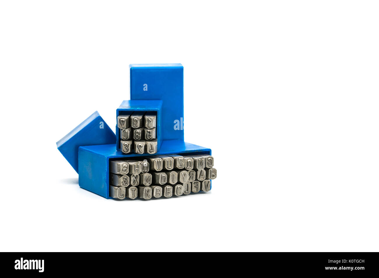 Set of metal stamp alphabet and number punch in blue plastic box ...
