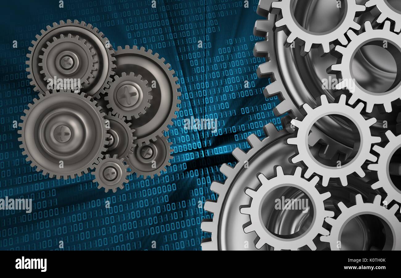 3d illustration of gear wheels over binary background with mechanic ...
