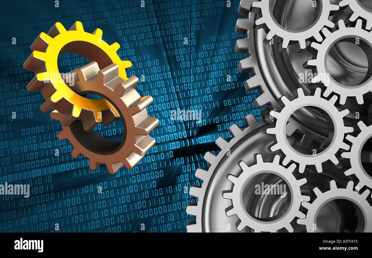 3d illustration of gears over binary background with mechanic Stock ...