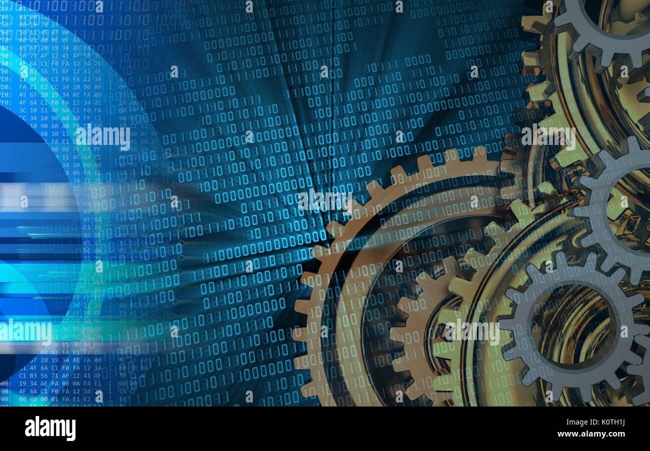 3d illustration of gears system over binary background with Stock Photo ...