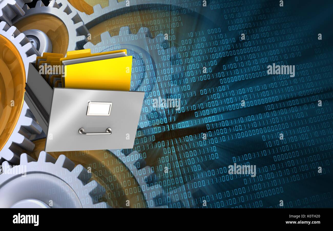 3d illustration of archive over binary background with gears Stock ...