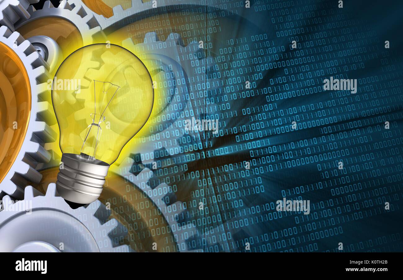 3d illustration of light bulb over binary background with gears Stock ...