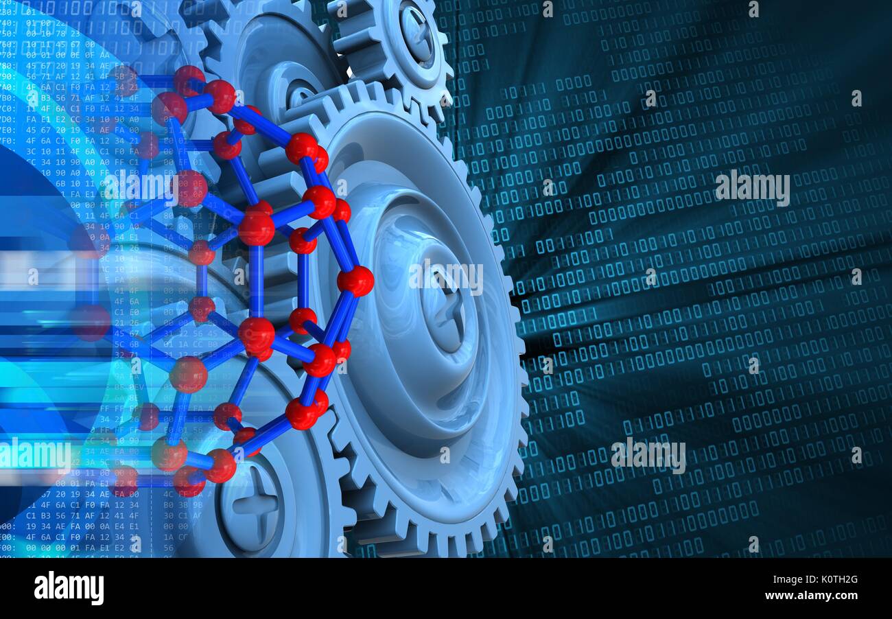 3d illustration of molecular structure over binary background with blue ...