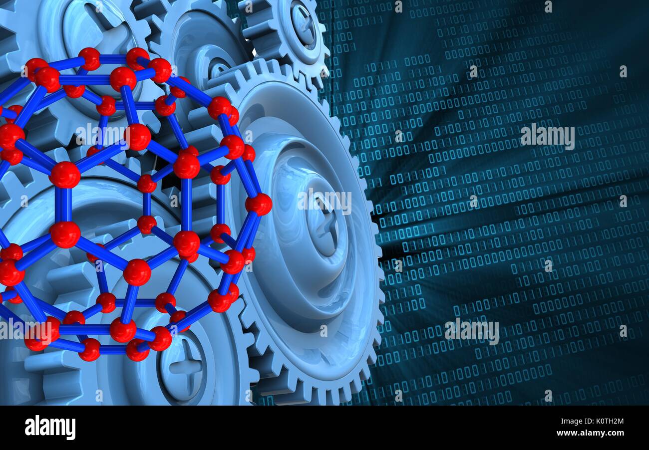 3d illustration of molecular structure over binary background with blue ...