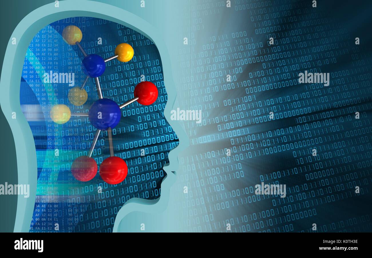 3d illustration of molecule over binary background with head profile ...