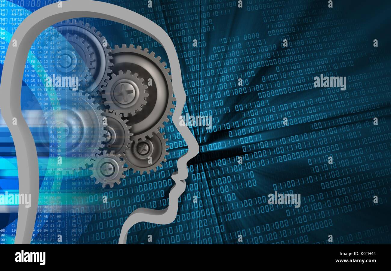 3d illustration of gear wheels over binary background with head contour ...
