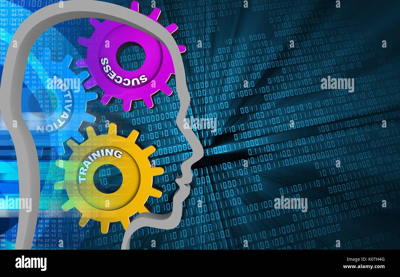 3d illustration of success system over binary background with head ...