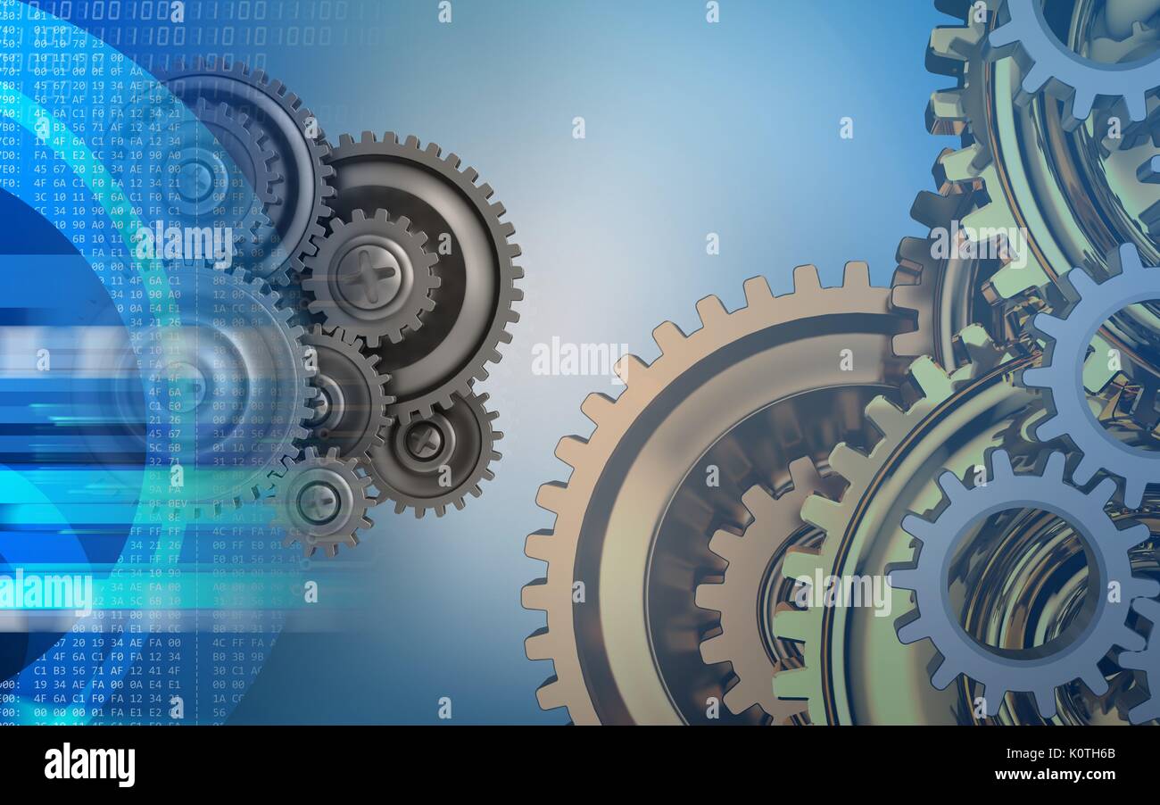 3d illustration of gear wheels over blue background with gears system ...
