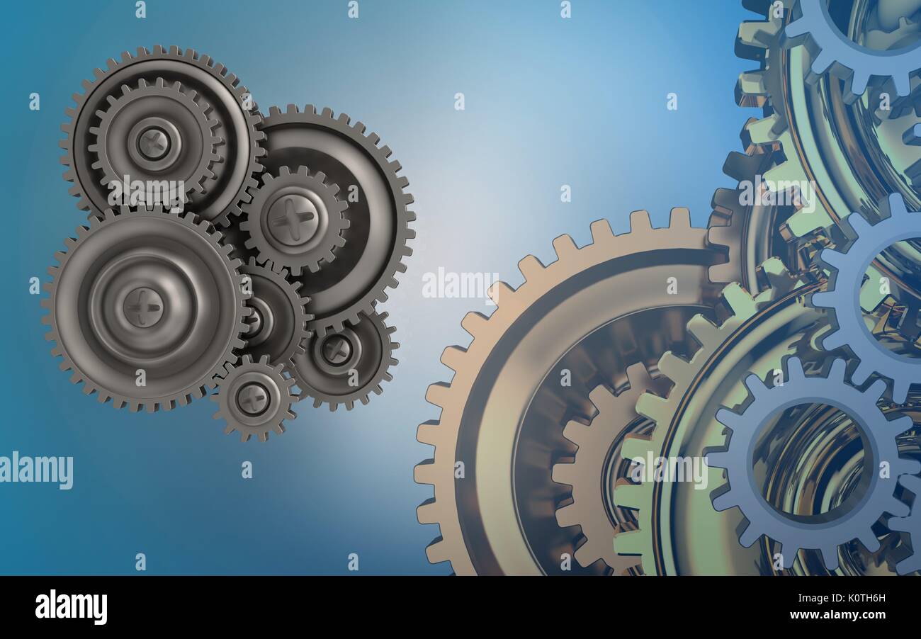 3d illustration of gear wheels over blue background with gears system ...