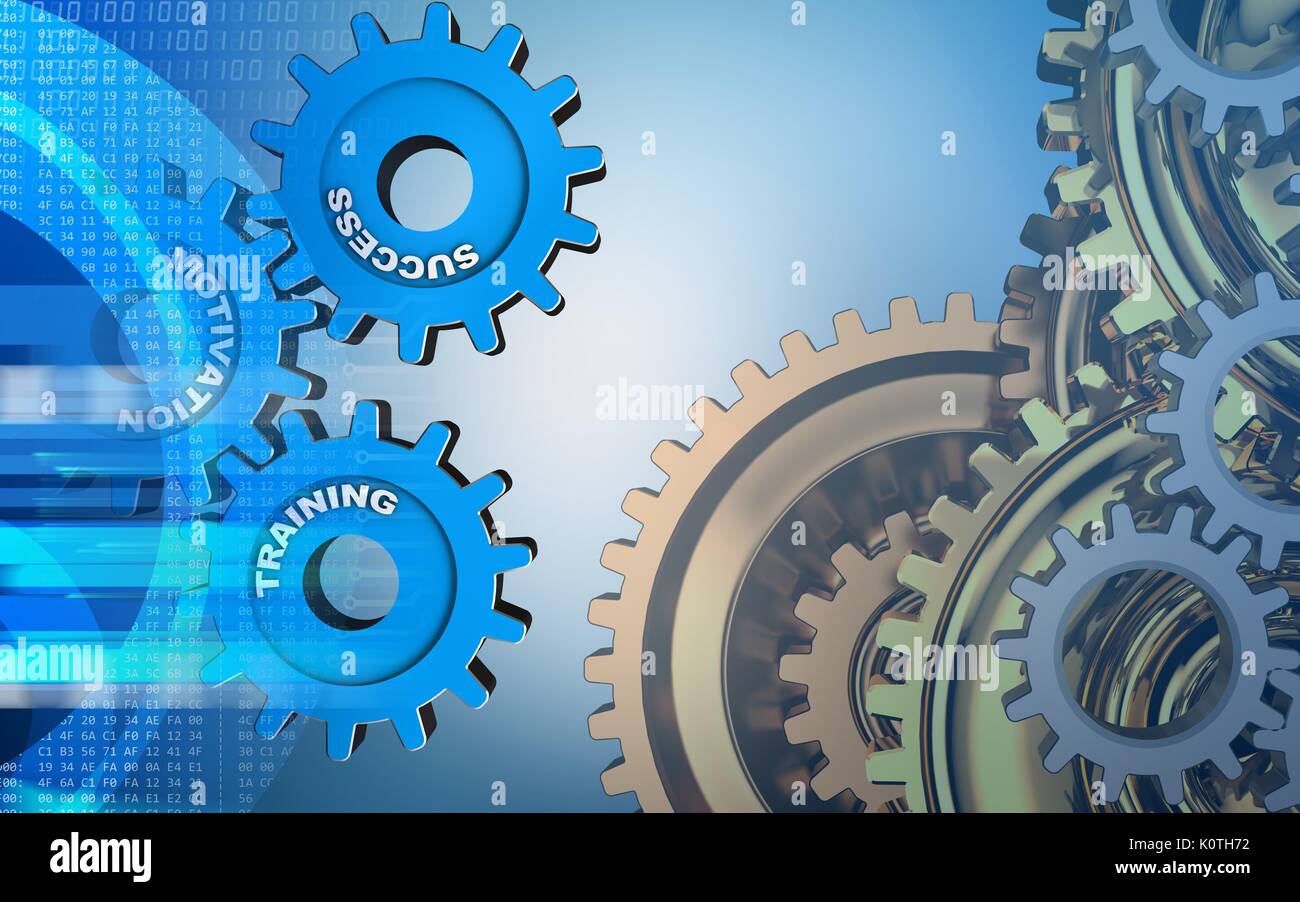 3d illustration of success system over blue background with gears ...