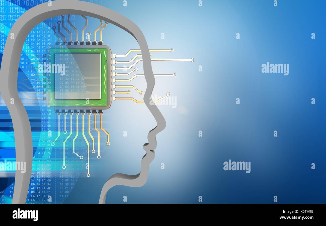 3d illustration of chip over blue background with head contour Stock ...