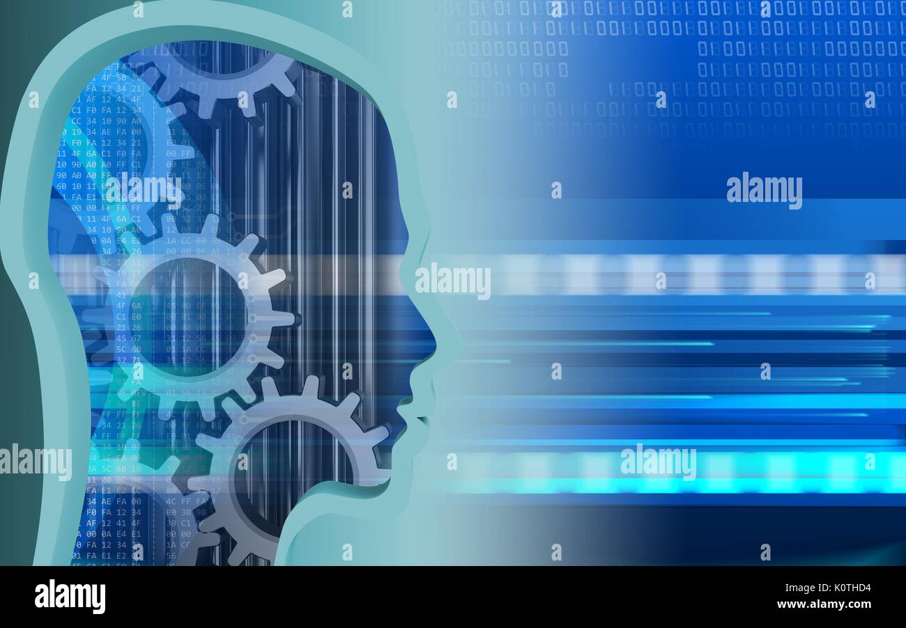 3d illustration of gears over cyber background with head profile Stock ...