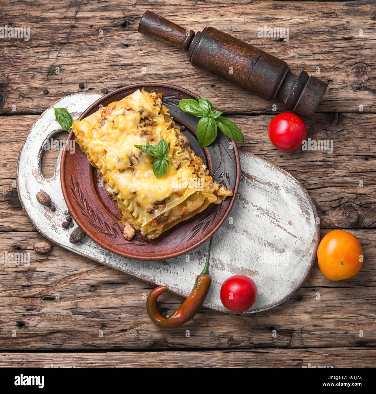 Traditional Classic italian lasagna on wooden rustic background Stock ...