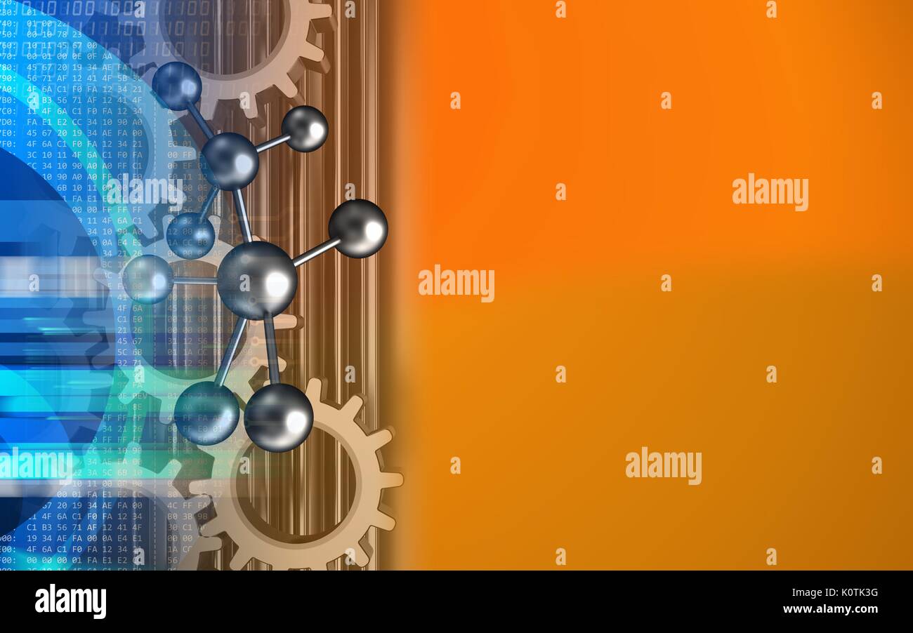 3d illustration of molecule over orange background with gears Stock ...