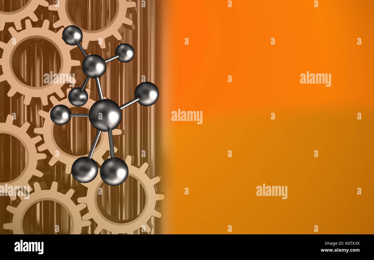 3d illustration of molecule over orange background with gears Stock ...