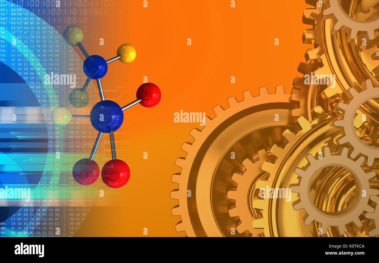 3d illustration of molecule over orange background with gears system ...