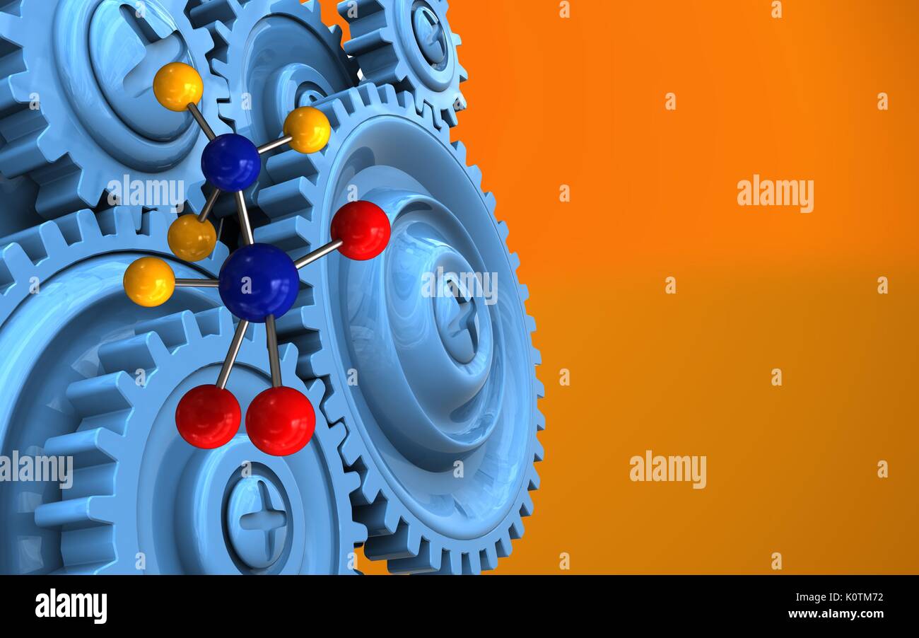 3d illustration of molecule over orange background with blue gears ...