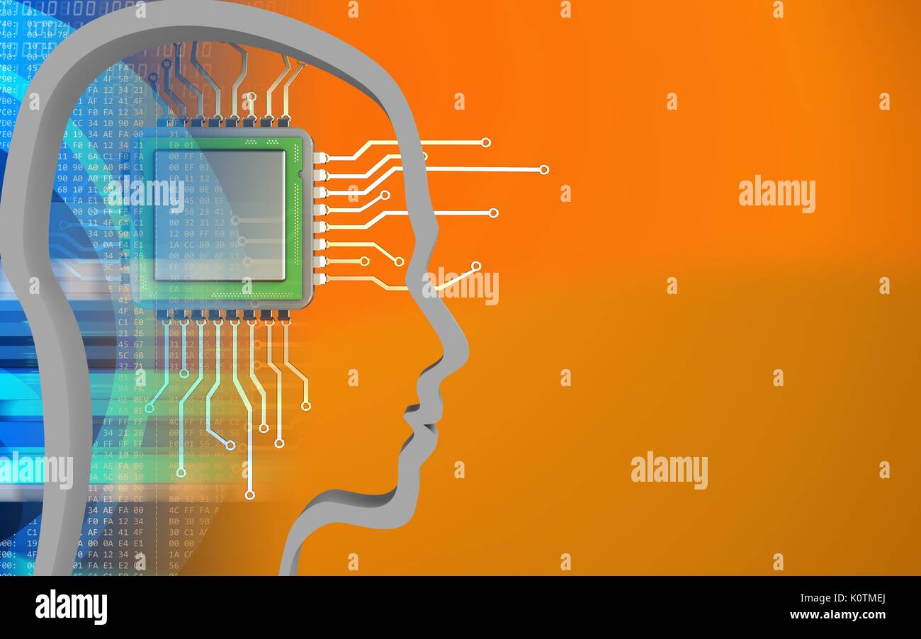 3d illustration of chip over orange background with head contour Stock ...