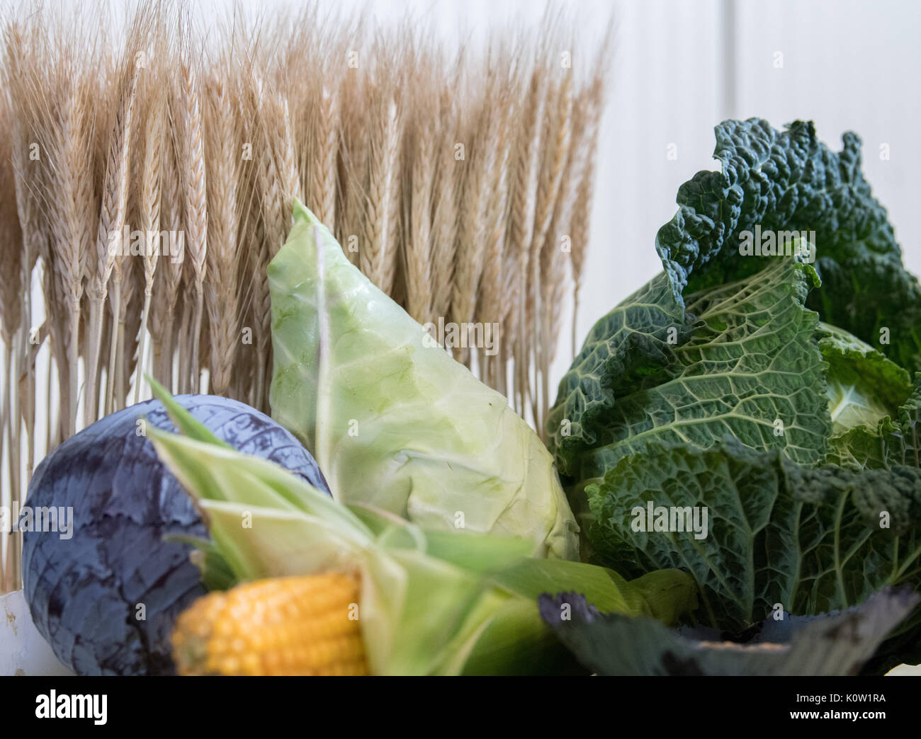 A decoration of wheat stalks (left to right), pointed cabbage, savoy ...